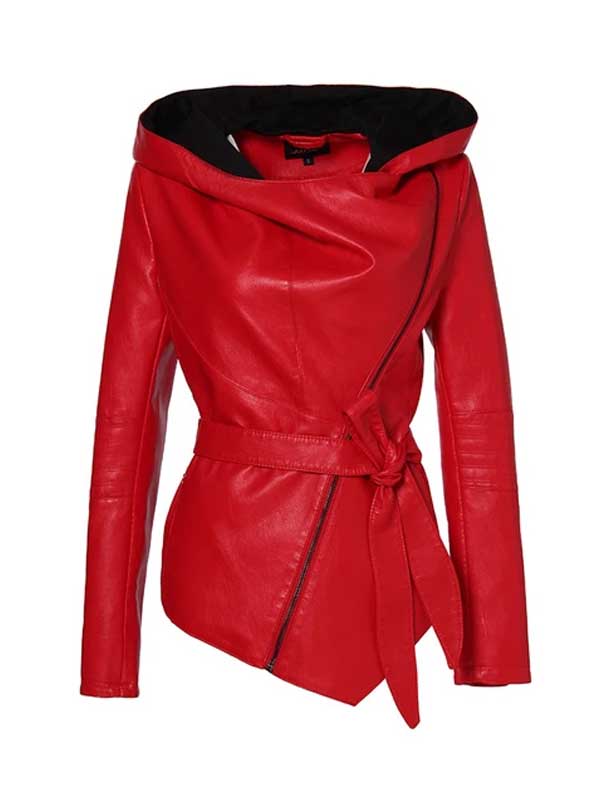 Women Red Hooded Leather Jacket - Order Now